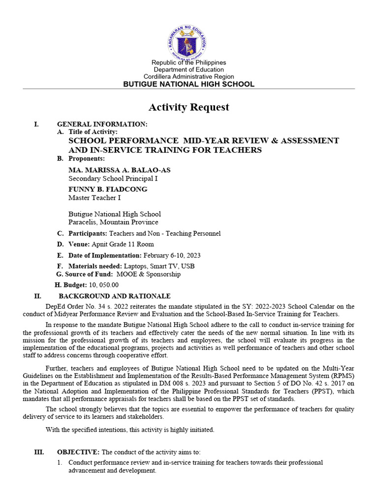 Activity Request INSET & Mid - Year Review & Assessment BNHS 2023 | PDF ...