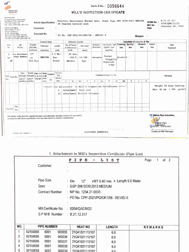 Millsheet Pipa Spindo - 01 | PDF | Materials | Civil Engineering