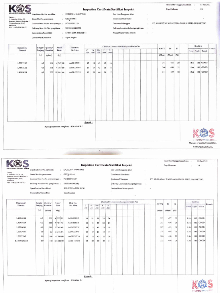 Millsheet Siku Krakatau Steel | PDF