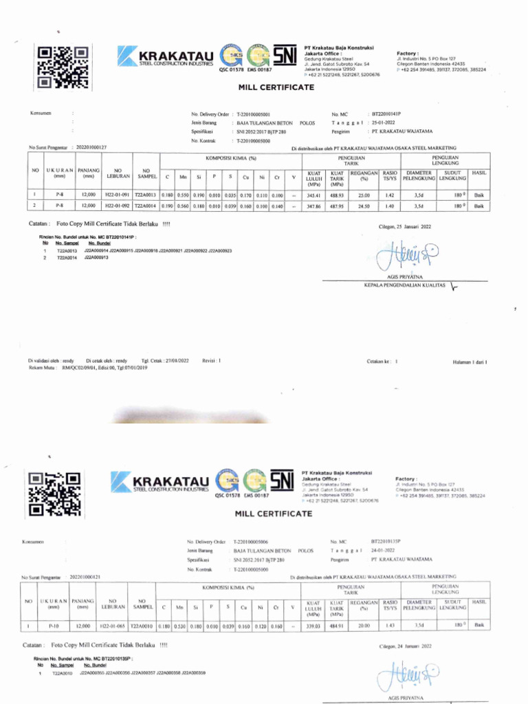 Mill Sheet Besi Beton Polos Krakatau Steel | PDF