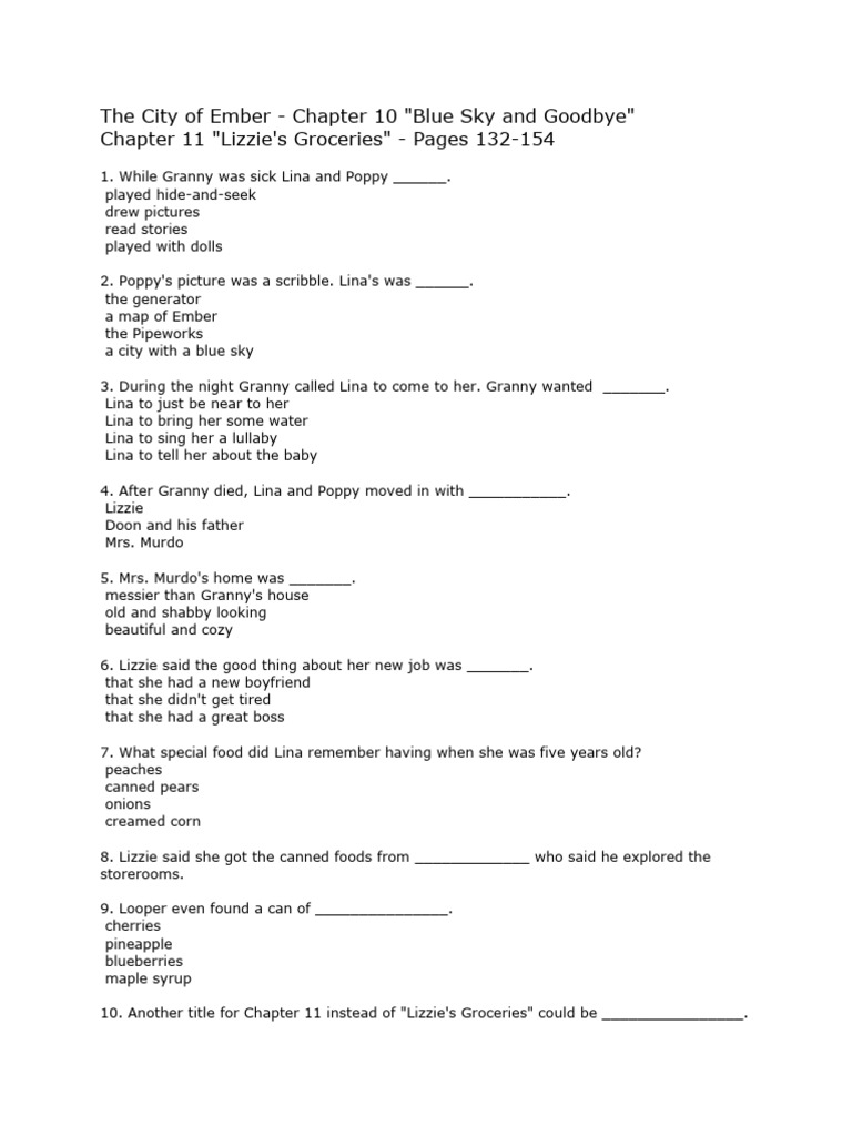 The City of Ember Chapter 10-11 Quiz | PDF | Mystery, Thriller & Crime ...