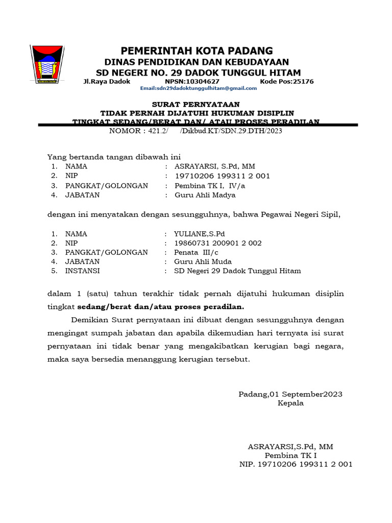 Contoh Surat Pernyataan Tidak Pernah Dijatuhi Hukuman Disiplin Atau ... Contoh Surat Pernyataan Tidak Pernah Dijatuhi Hukuman Disiplin Atau ...