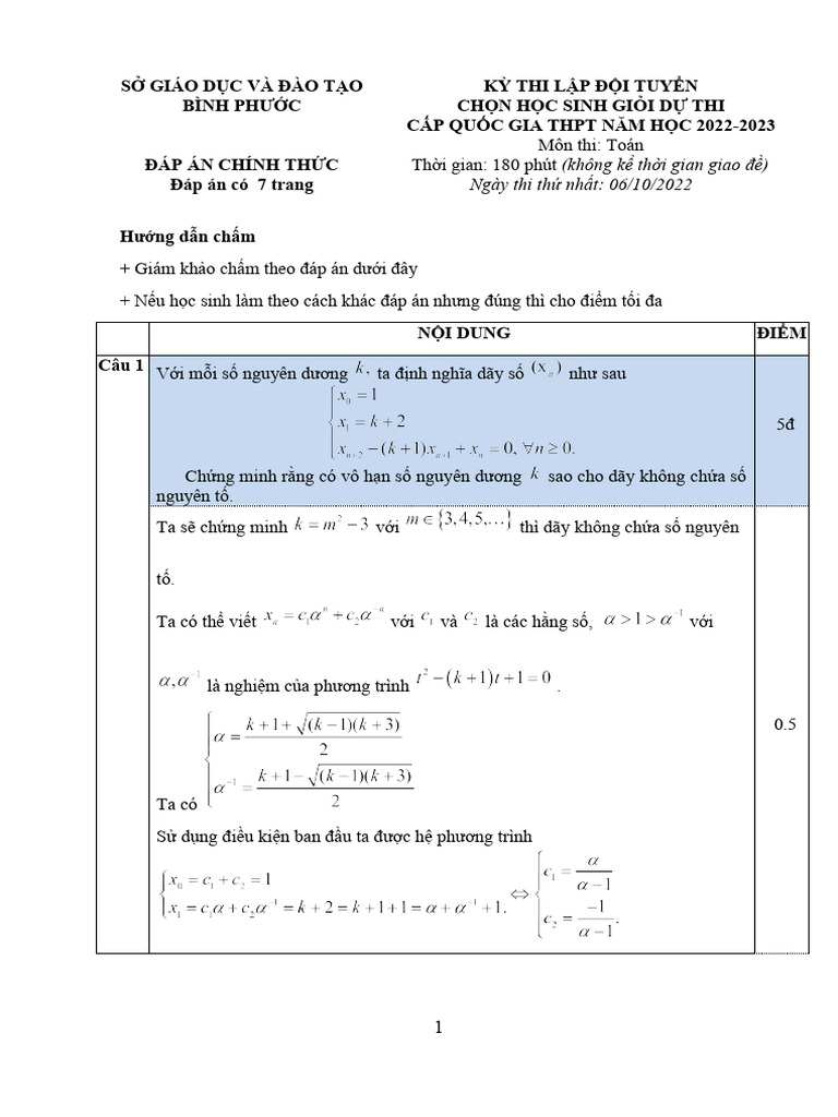 BinhPhuoc - PreTST2022 Dapan Ngay1 | PDF