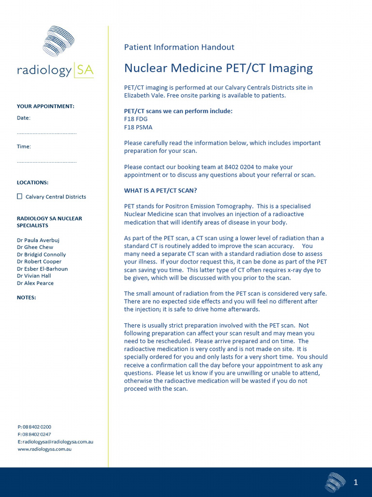 NM PET CT Imaging Patient Handout | PDF | Positron Emission Tomography ...