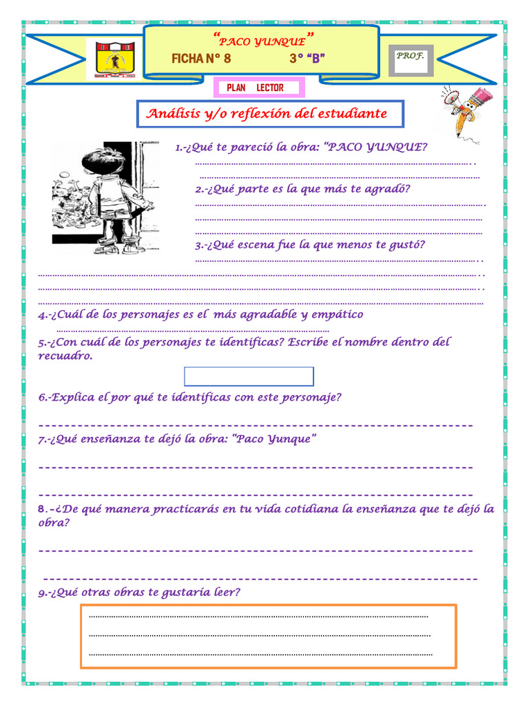 Ficha 8 Plan Lector Paco Yunque | PDF