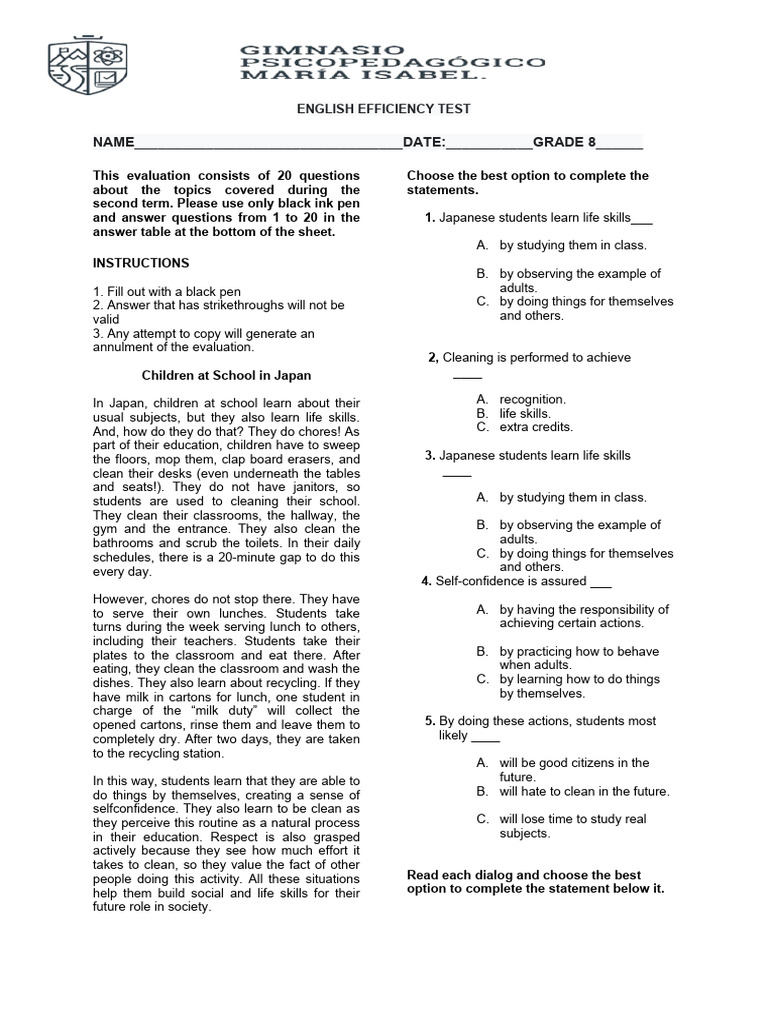 English Efficiency Test 8 4P | PDF
