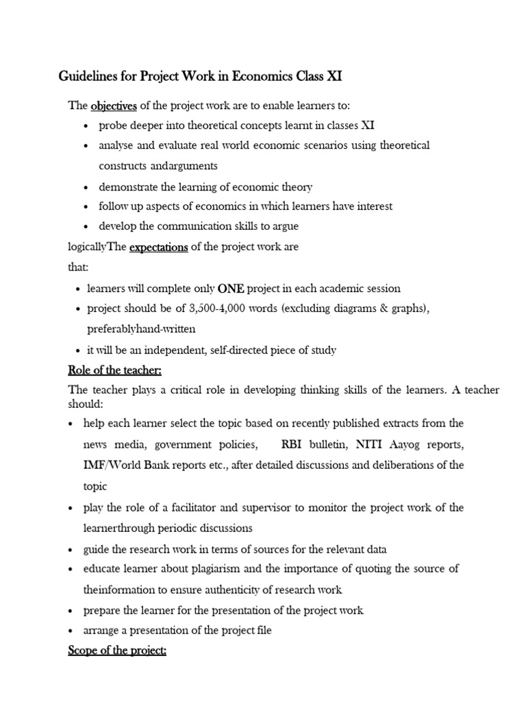 Guidelines For Project Work in Economics Class XI | Download Free PDF ...