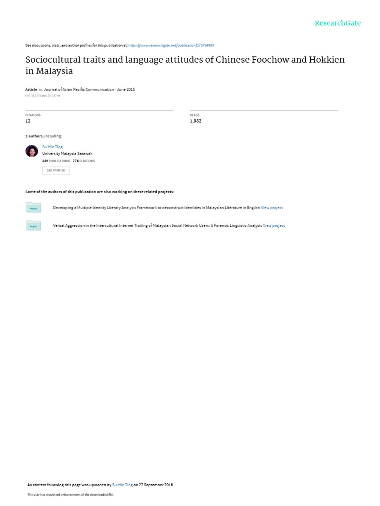 Sociocultural Traits and Language Attitudes of Chinese FooChow and ...