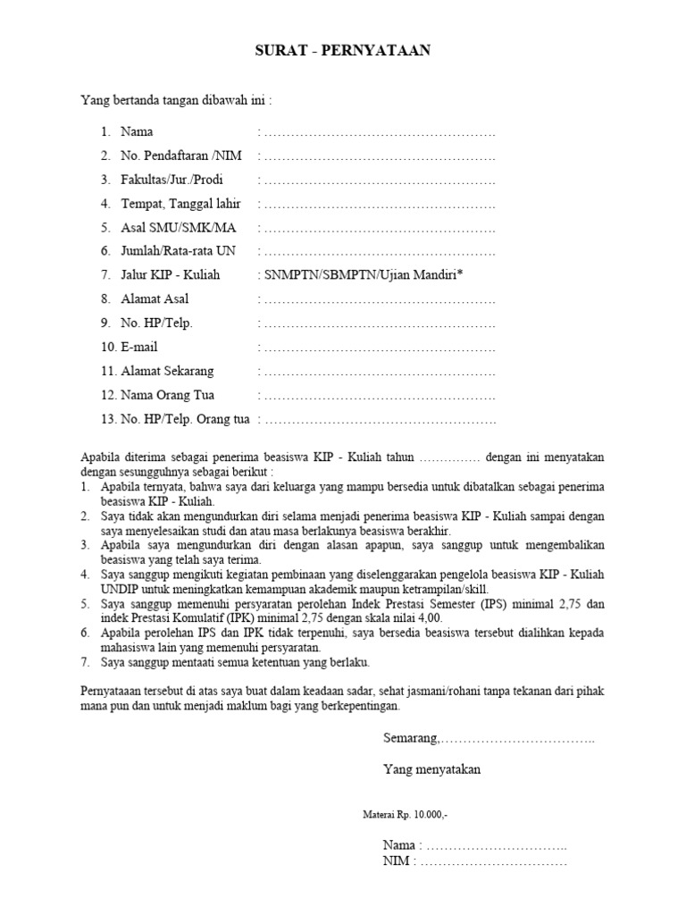 Surat Pernyataan Kip Kuliah | PDF