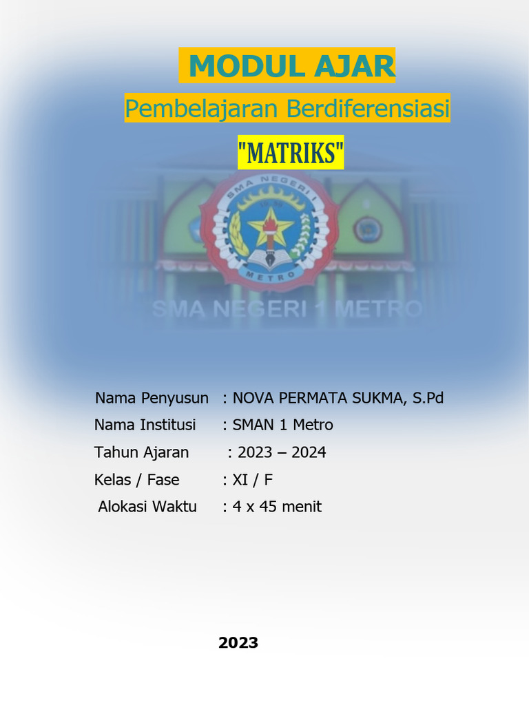 Modul Ajar Matematika Kelas 11: Matriks | PDF