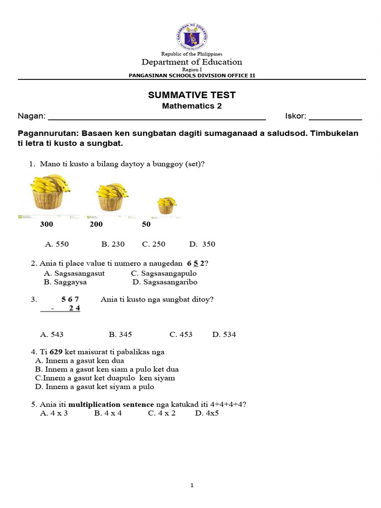 Summative Test - Grade 2 Iloco MATH | PDF
