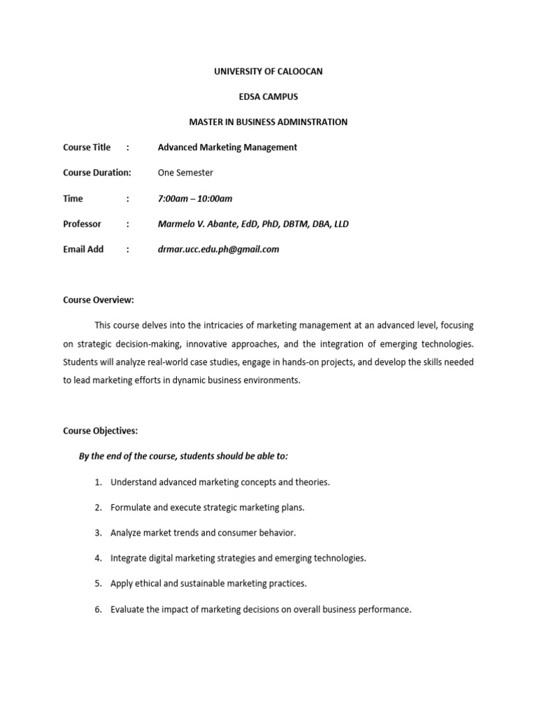 Advanced Marketing Management Course Outline | PDF | Marketing ...