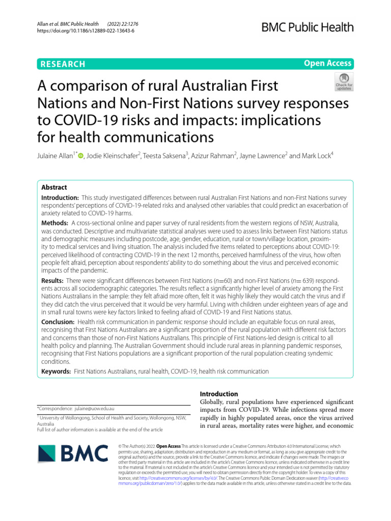 A Comparison of Rural Australian First Nations and Non-First Nations ...
