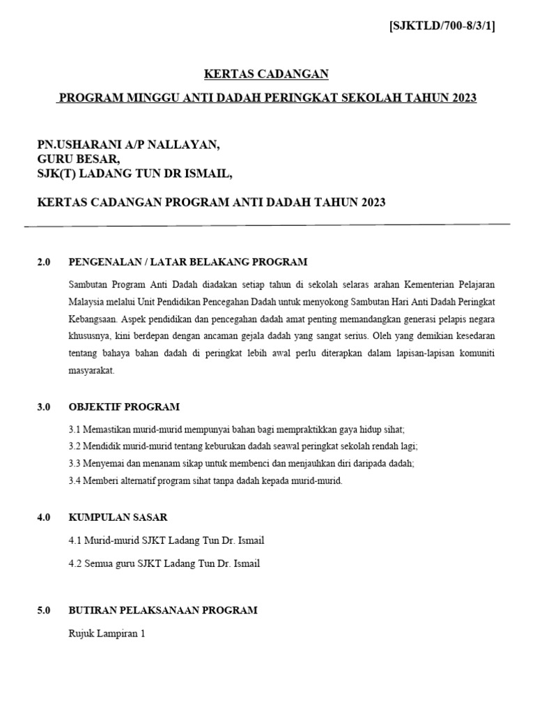 Kertas Kerja Program Anti Dadah 2023 | PDF