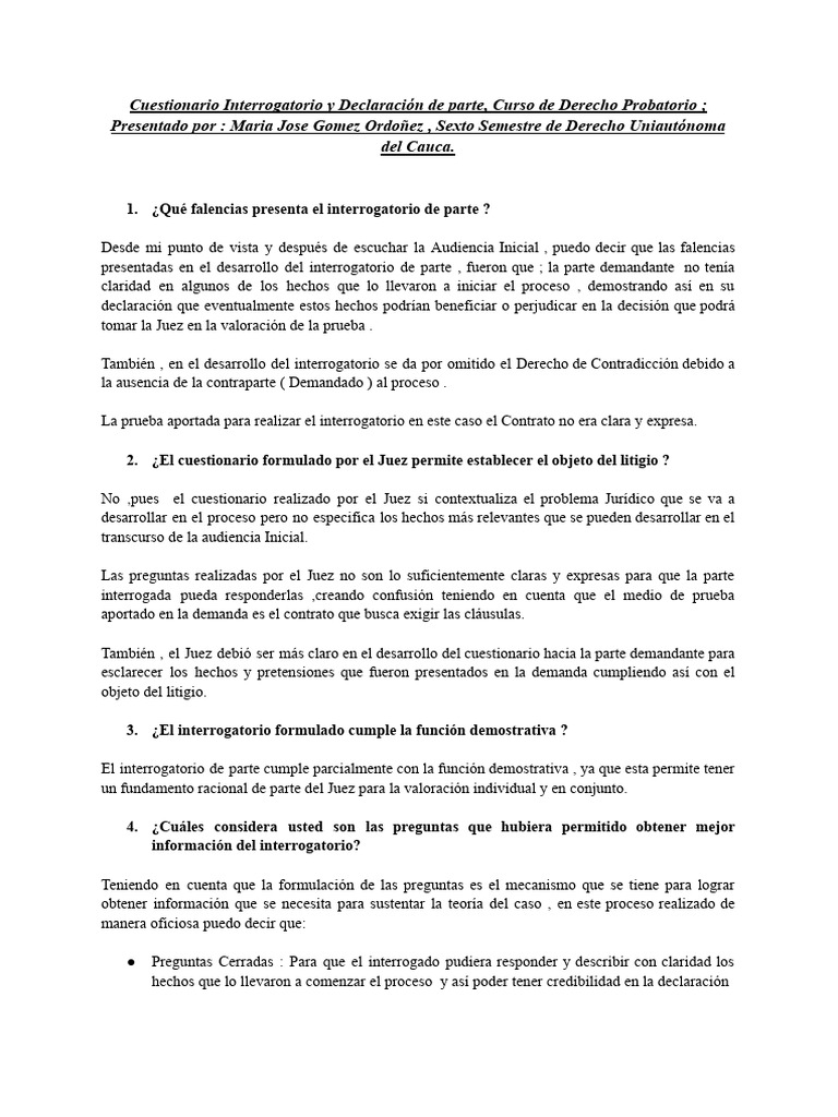 Interrogatorio de Parte. | PDF | Cuestionario | Juez