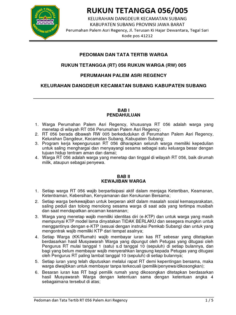 Pedoman Dan Tata Tertib RT 056 RW 005 Palem Asri | PDF