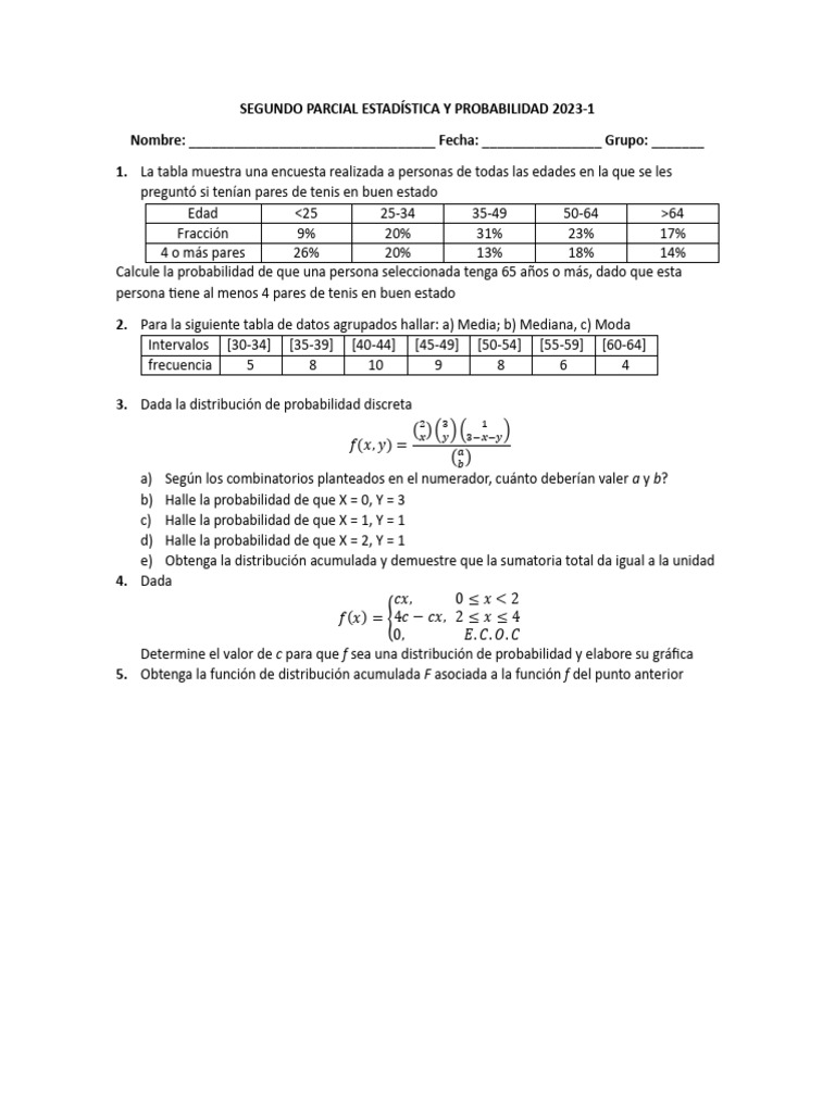 Segundo Parcial Estadística y Probabilidad 2023-1 (Etitc-Noche) | PDF