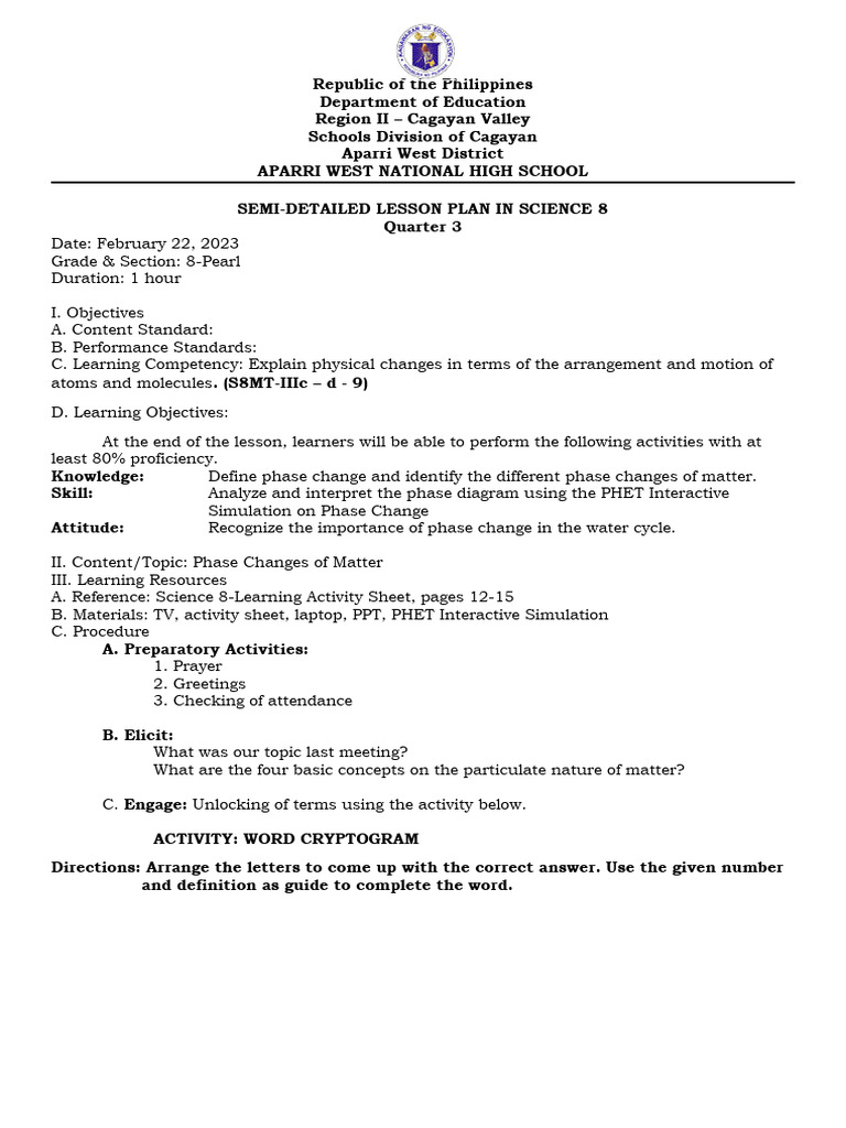Phase Change Lesson Plan for Grade 8 | PDF | Phase (Matter) | Freezing