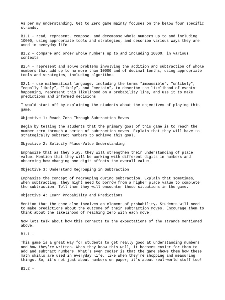 Get To Zero Game | PDF | Subtraction | Probability