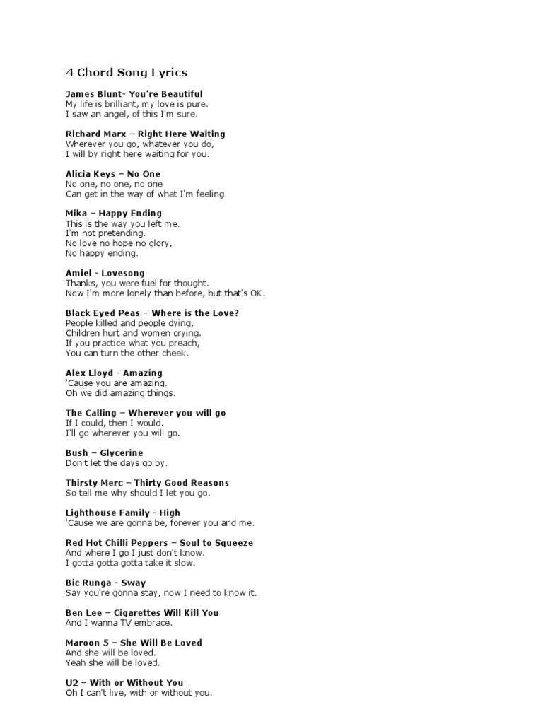 4 Chord Song Lyrics | PDF | Leisure | Entertainment (General)