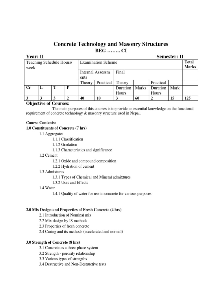 Concrete Technolgy and Masonary Structure Syllabus | PDF