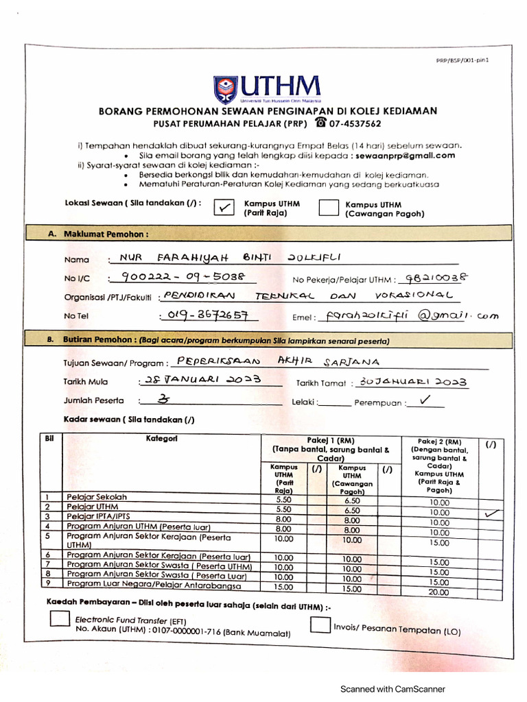 Borang Permohonan Penginapan Kolej Uthm | PDF