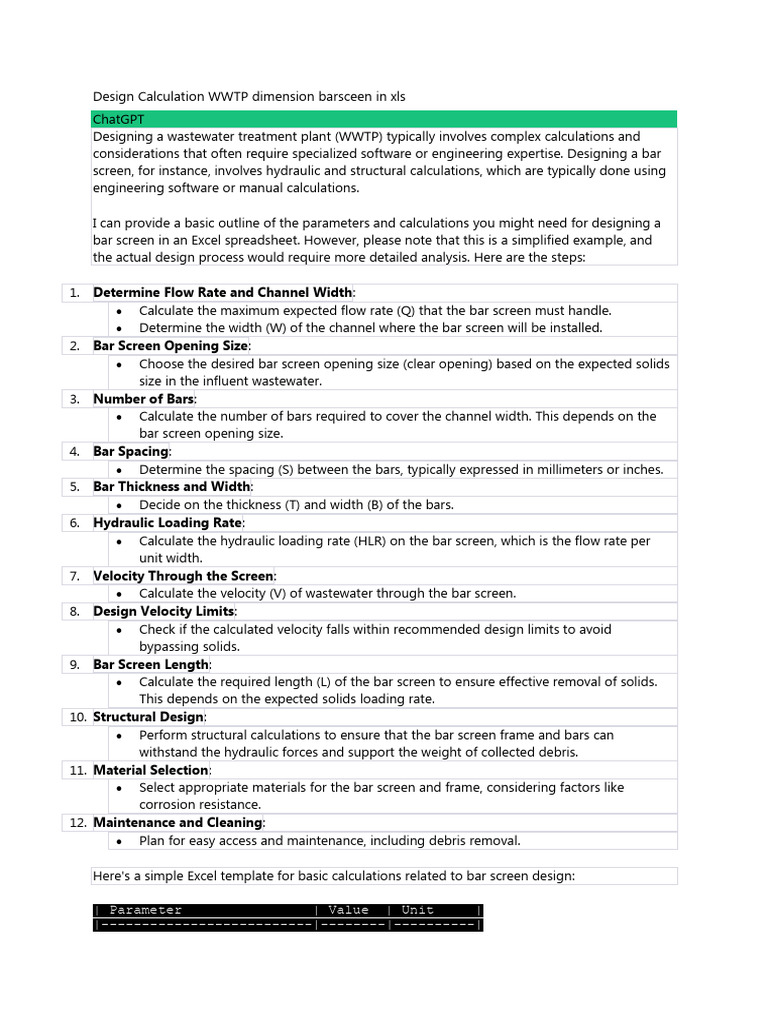 Design Calculation WWTP 2-Dimension Barsceen in | PDF | Sewage ...