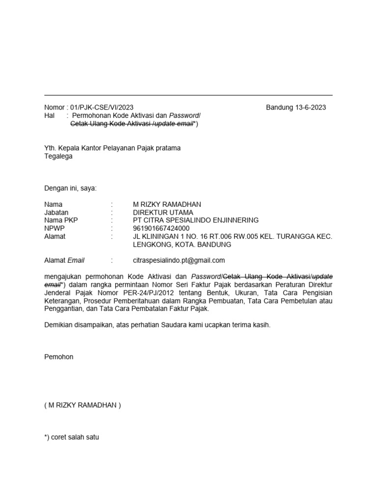 Formulir Permohonan Kode Aktivasi Dan Password Enofa | PDF