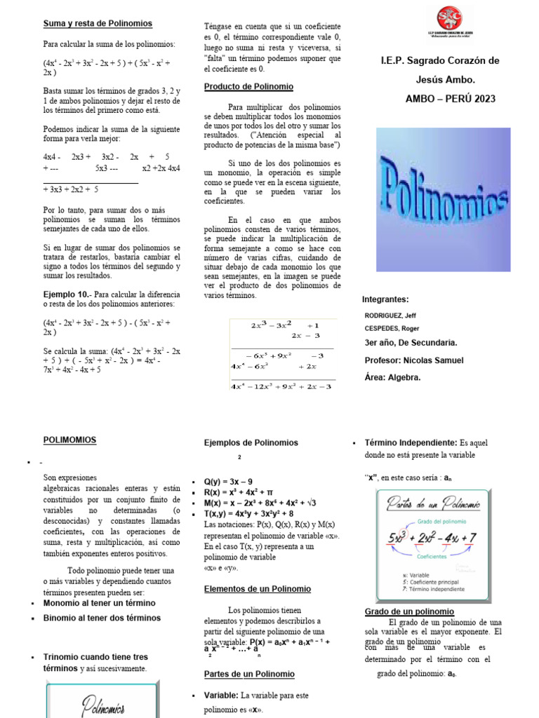 Triptico-Polinomios | PDF | Variable (Matemáticas) | Polinomio