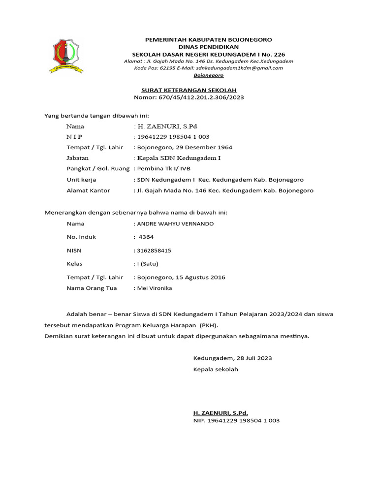 Surat Keterangan PKH | PDF