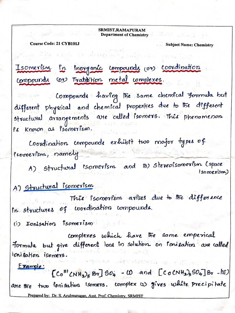 Isomerism in Inorganic Complexes-Notes | PDF