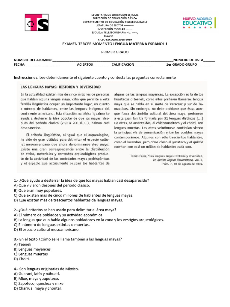EXAMEN 3er TRIMESTRE ESPAÑOL | PDF