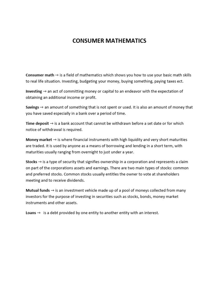 Consumer Mathematics Basics and Formulas | PDF | Stocks | Interest