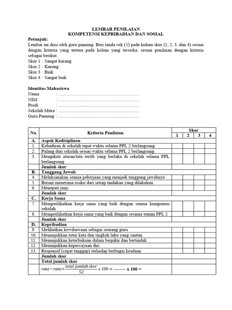 LEMBAR PENILAIAN KOMPETENSI KEPRIBADIAN DAN SOSIAL (1 Rangkap Per Mahasiswa) | PDF