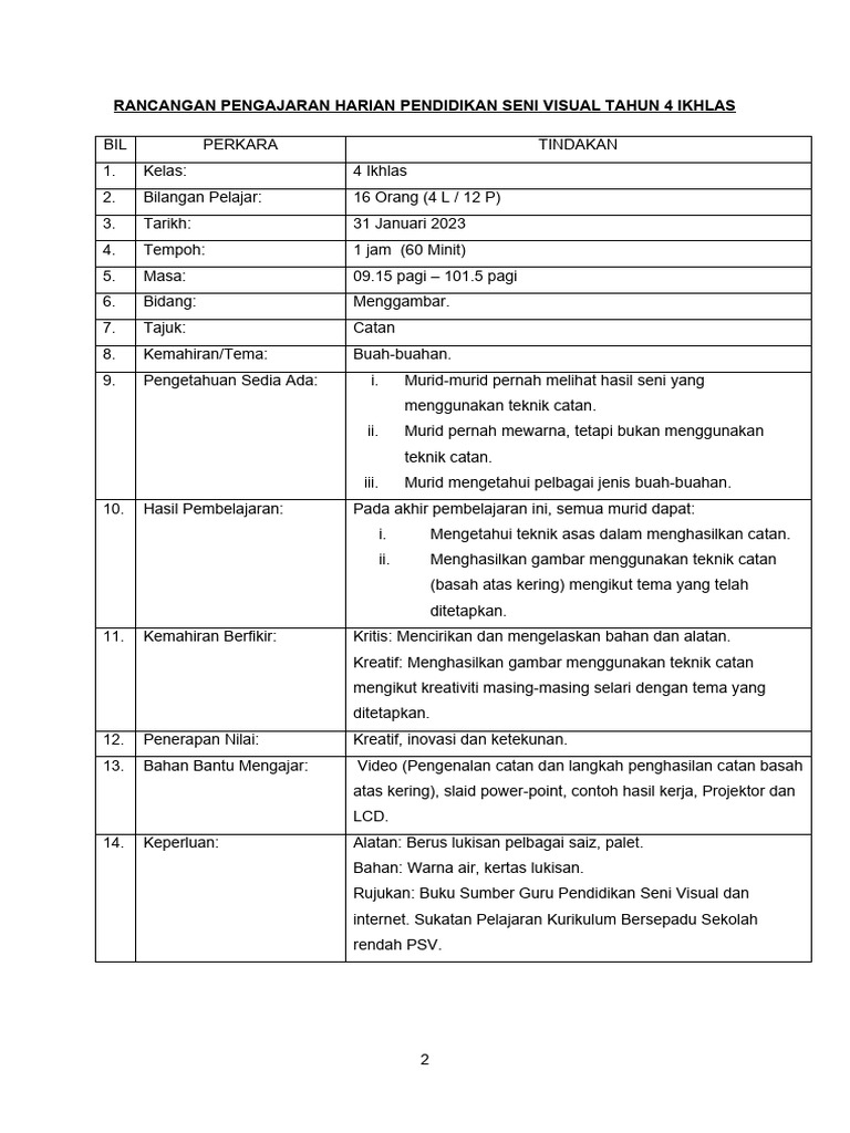 RPH PSV Tahun 4 Ikhlas Minggu 4 | PDF
