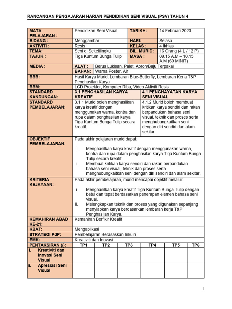 RPH PSV Tahun 4 Ikhlas Minggu 6 | PDF