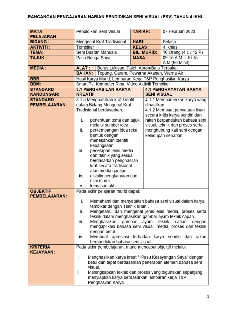 RPH PSV Tahun 4 Ikhlas Minggu 5 | PDF | Seni
