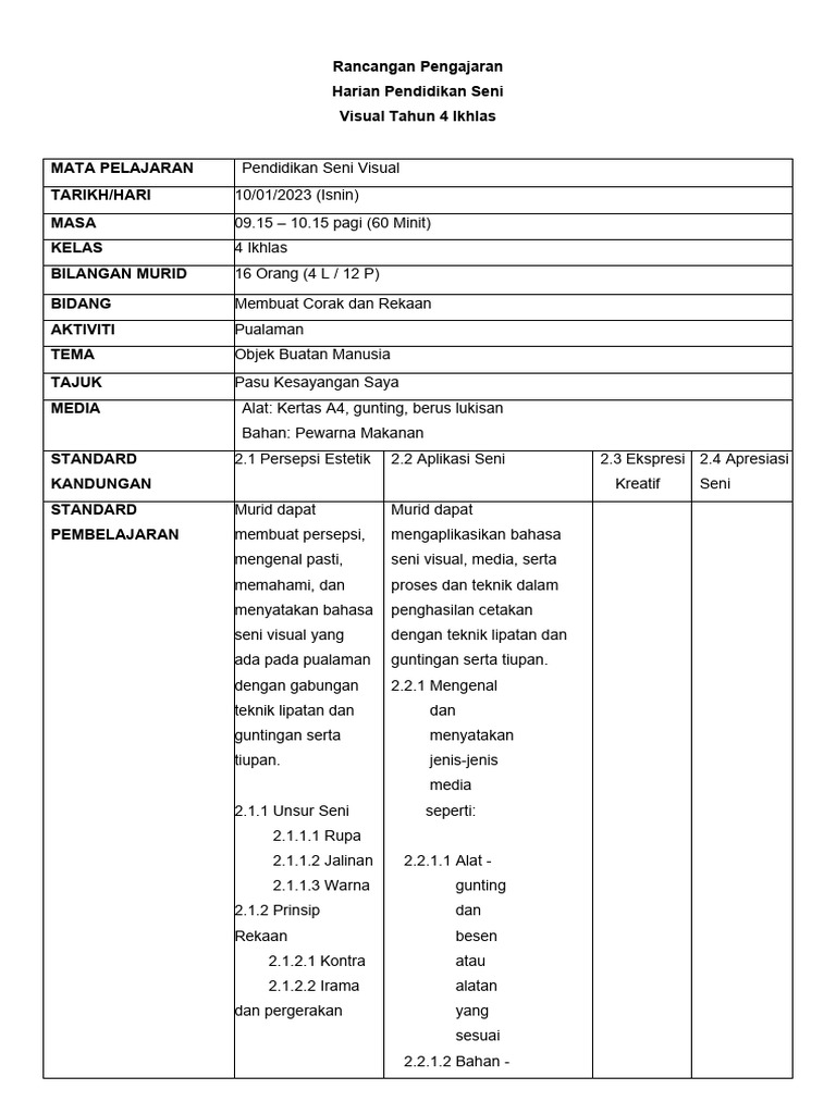 RPH PSV Tahun 4 Ikhlas Minggu 1 | PDF