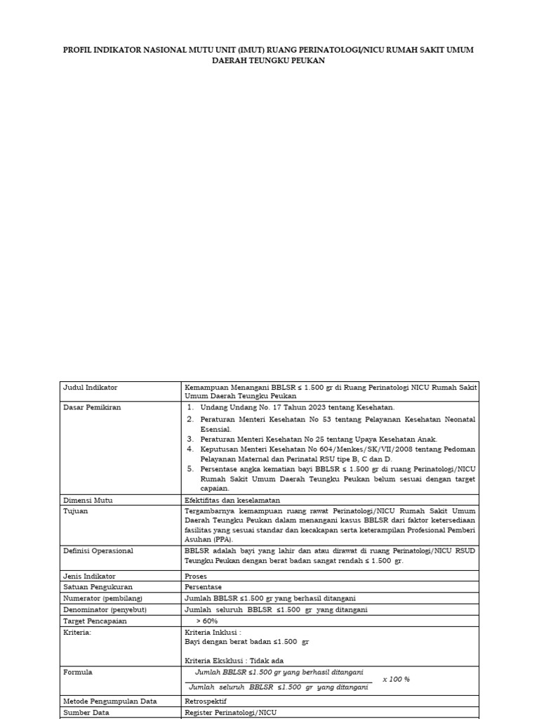PROFIL INDIKATOR MUTU NICU-Kemampuan Menangani BBLSR | PDF