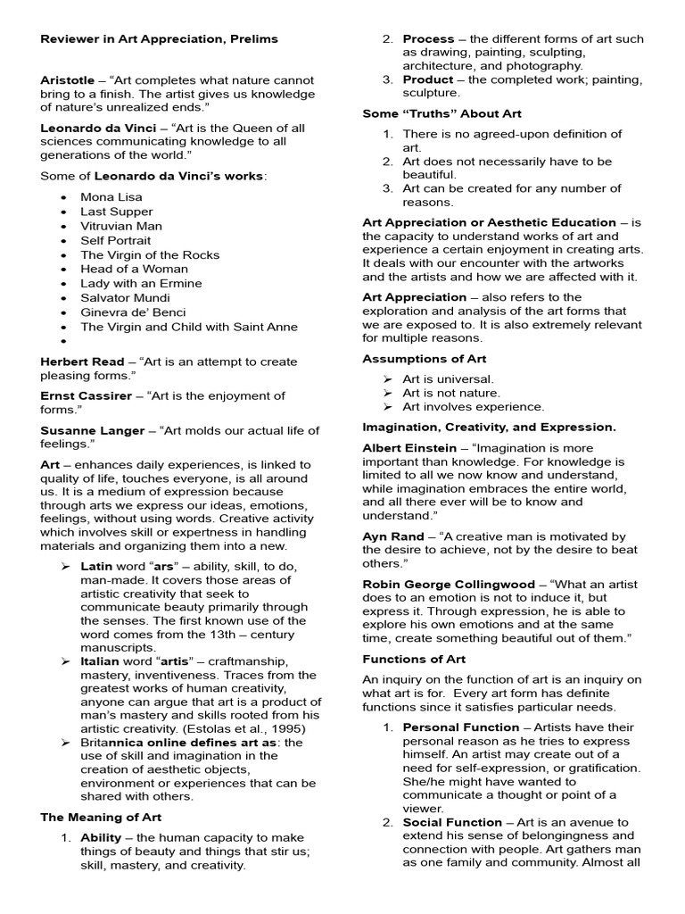 Reviewer in Art Appreciation, Prelims | PDF | Creativity | Cognition