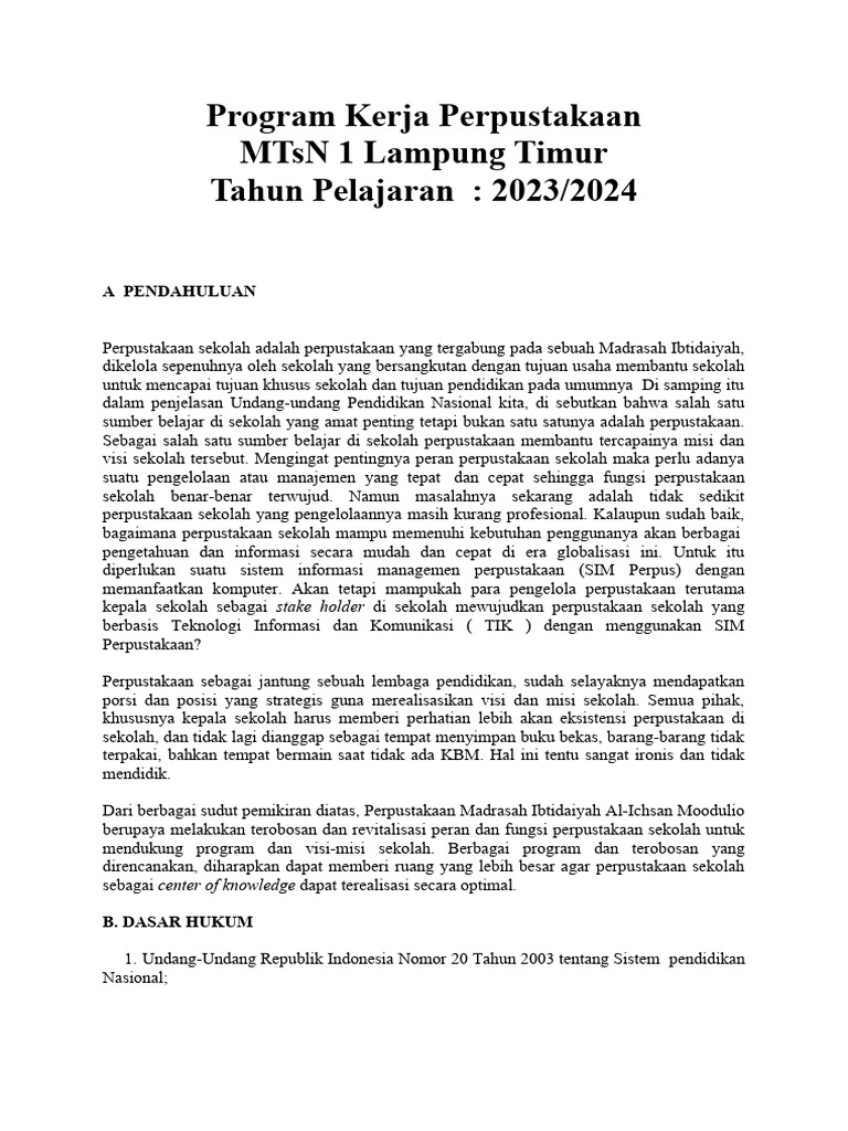 Program Kerja Perpustakaan MTSN 1 Lamtim | PDF | Perjalanan