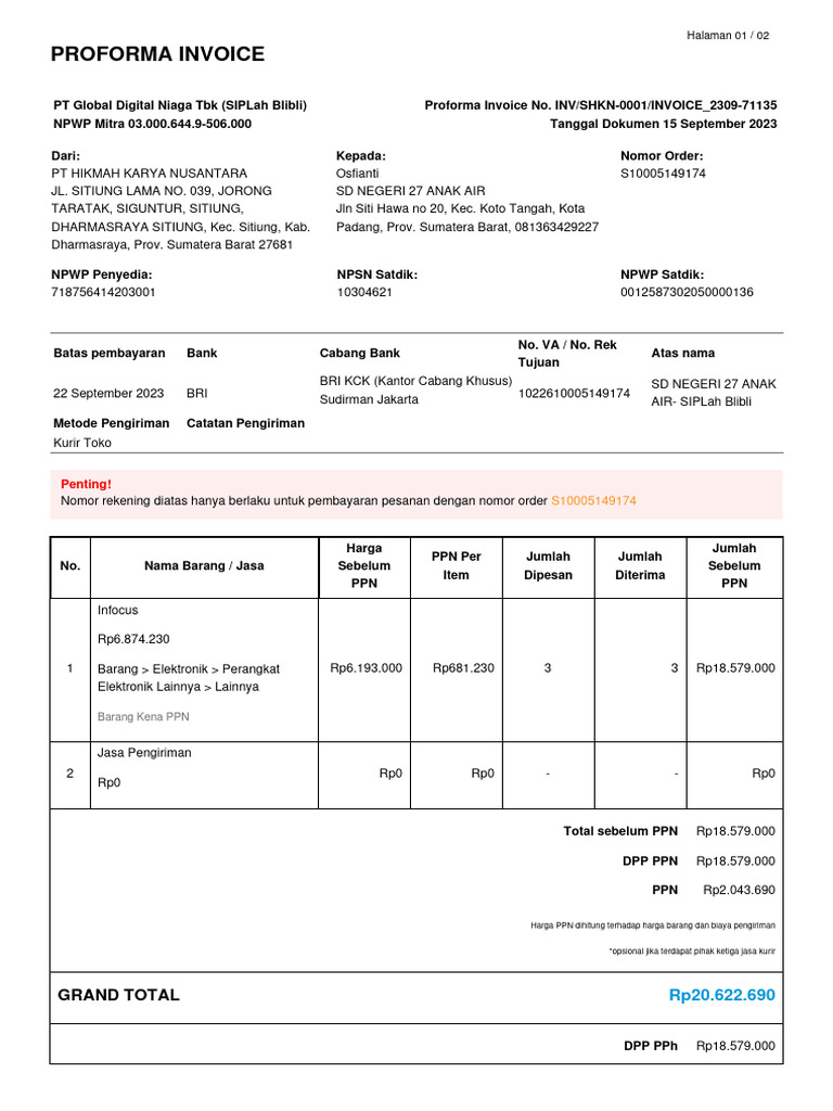 Proforma Invoice PT HIKMAH KARYA | PDF