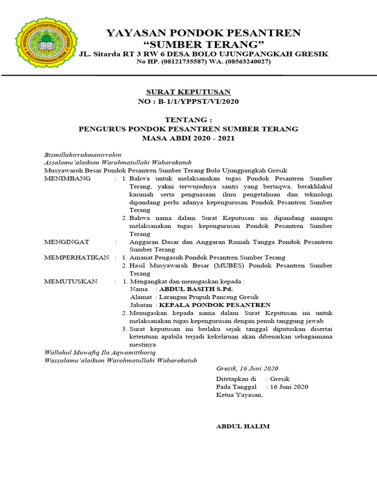 Surat Keputusan Pengurus Pondok Pesantren | PDF
