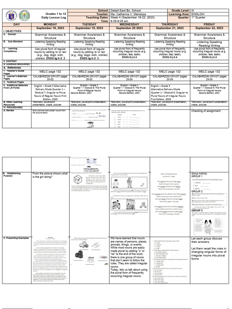 Dll-English-Q1-Week 4 | PDF | Plural | Grammatical Number