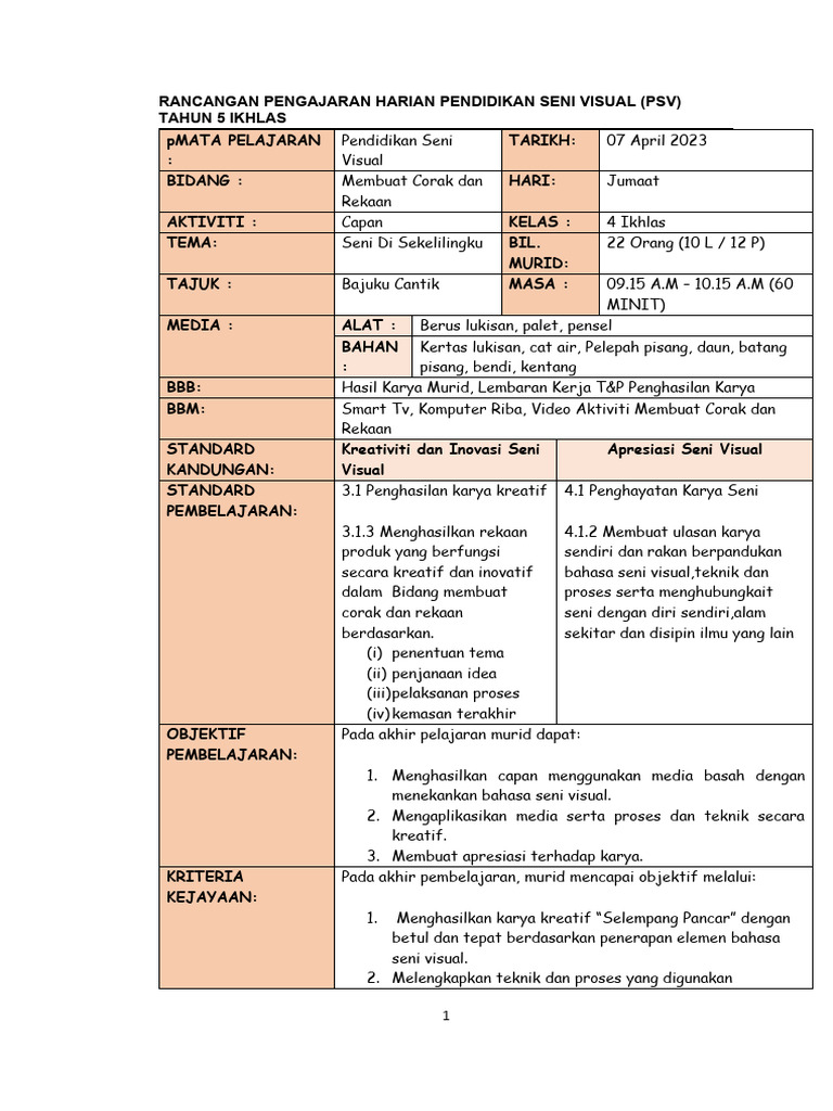 RPH PSV Tahun 4 Ikhlas Minggu 10 | PDF