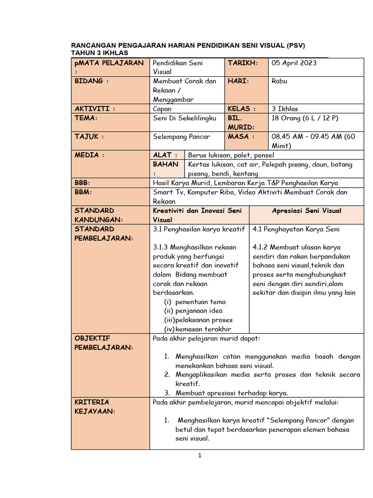 RPH PSV TAHUN 3 Ikhlas Minggu 10 | PDF