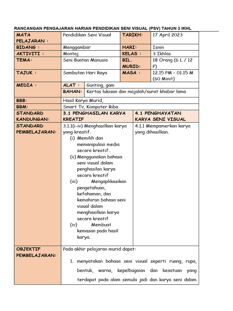 RPH PSV TAHUN 3 Ikhlas Minggu 12 | PDF