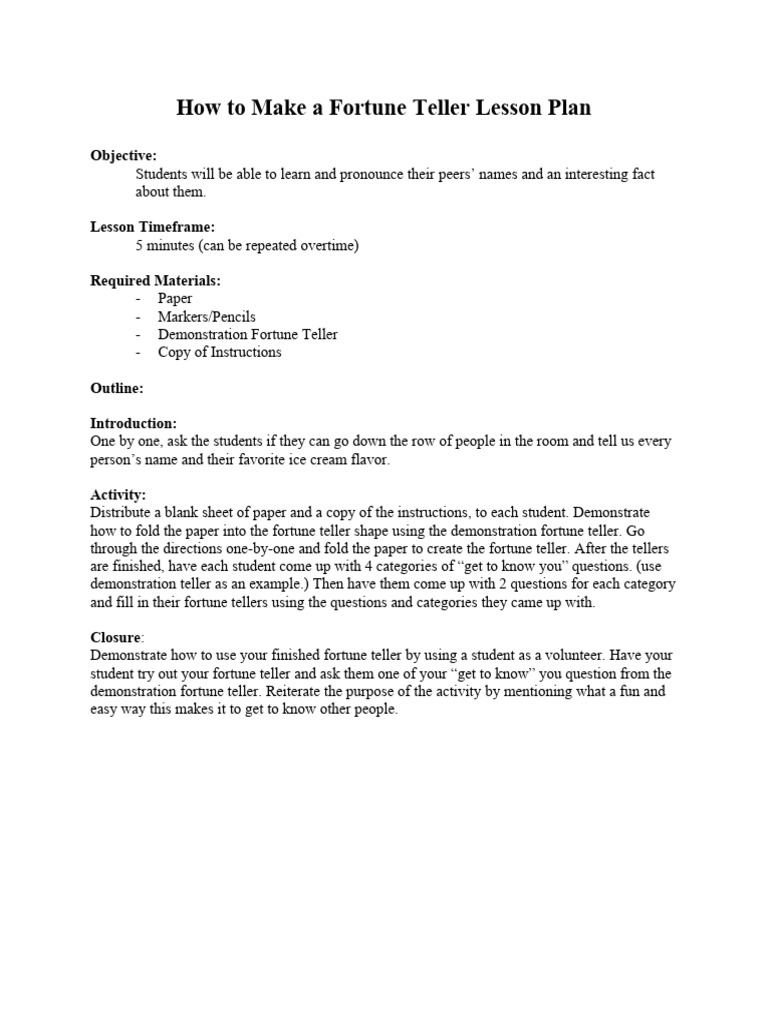 How To Make A Fortune Teller Lesson Plan | PDF
