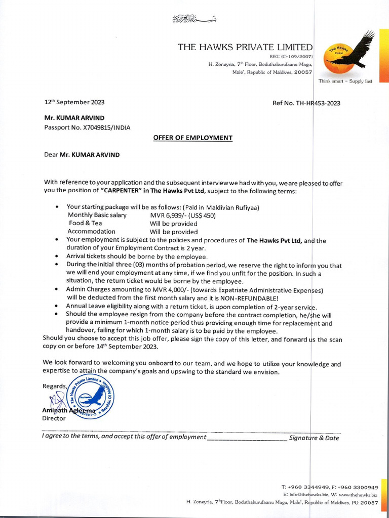 Kumar Arvind Offer Letter - 0001 | PDF