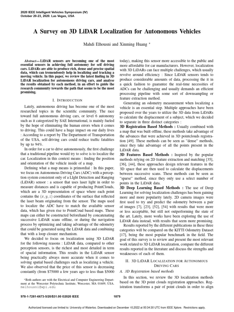 A Survey On 3D LiDAR Localization For Autonomous Vehicles | PDF | Lidar | Deep Learning